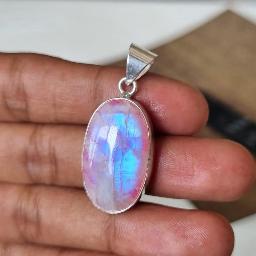 Blue Fire Pink Moonstone Pendant, Solid 925 Silver Pendant, Charm ...
