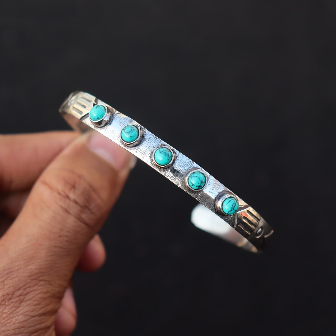 Turquoise Bangle, Five Stone Bangle, Sterling Silver Bangle, Adjustable ...