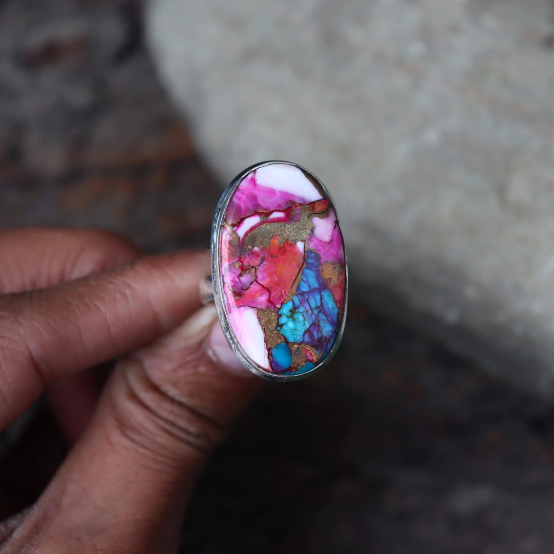 Spiny Pink Oyster Turquoise Ring, Multi Colored Turquoise, 925 Sterling ...