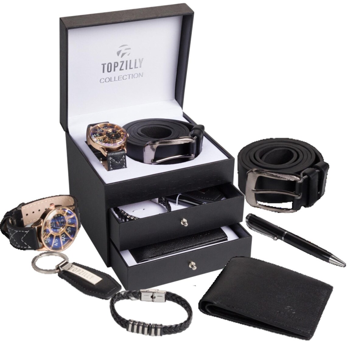 Mens Gift Set: Watch Bracelet, Keychain, Leather Wallet & Belt Birthday ...