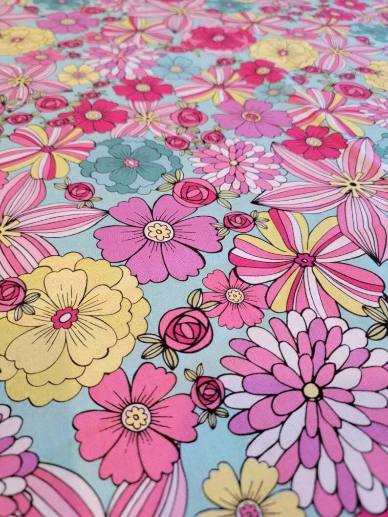 Pink and Blue Flowers Cotton Fabric Cotton Quilting Fabric - Etsy