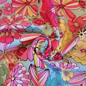 Pink and Blue Flowers Cotton Fabric, Cotton Quilting Fabric, 100% ...