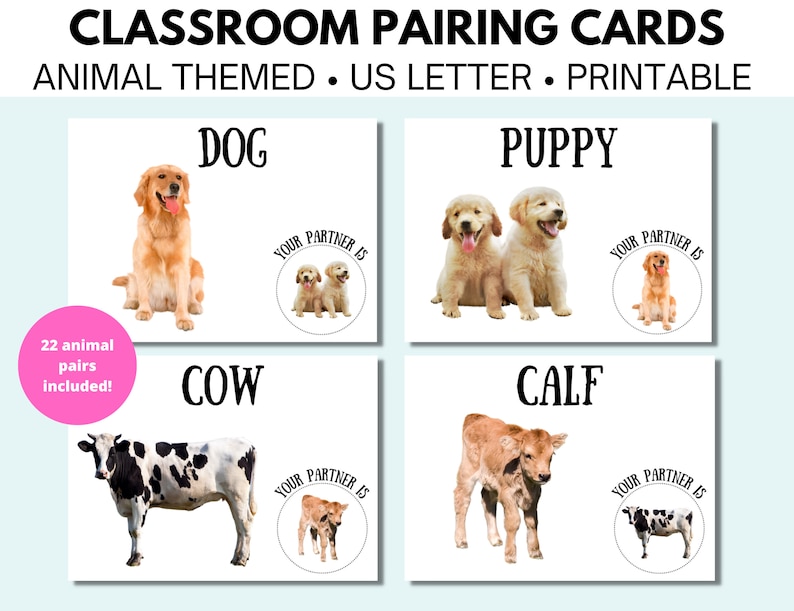 Animal Pairing Cards – Classroom Matching Game (printable) - Etsy