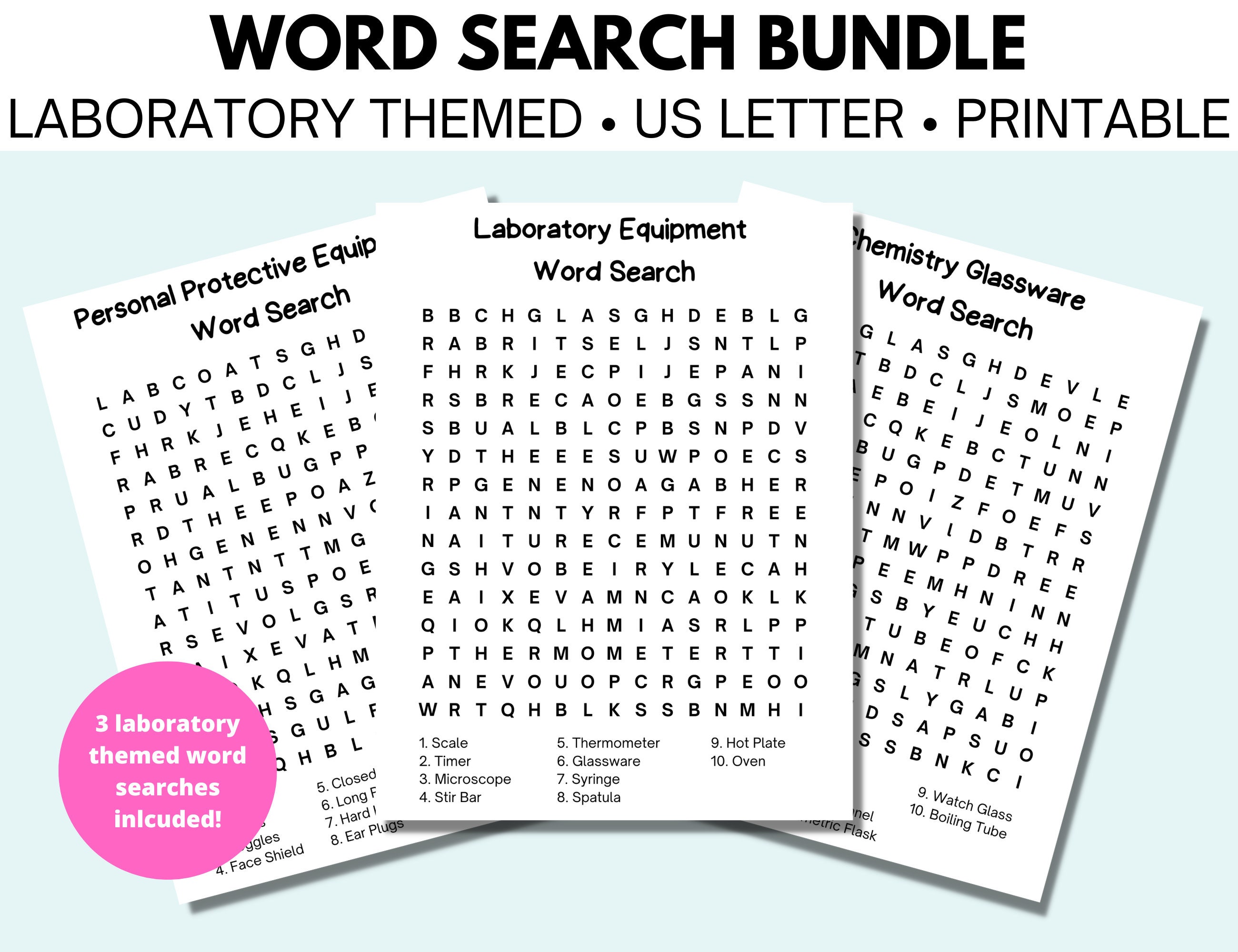 Laboratory Themed Word Search Bundle, 3 Unique Puzzles, Science Themed ...