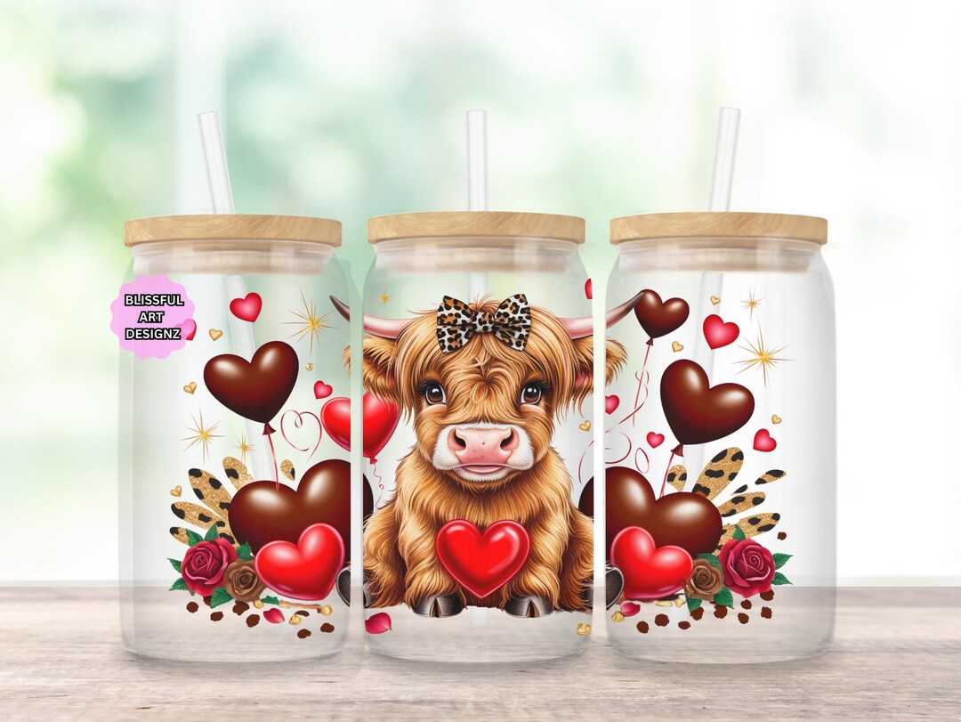 Highland Cow Valentine 16 Oz Libbey Glass Wrap, Valentines Glass Wrap ...