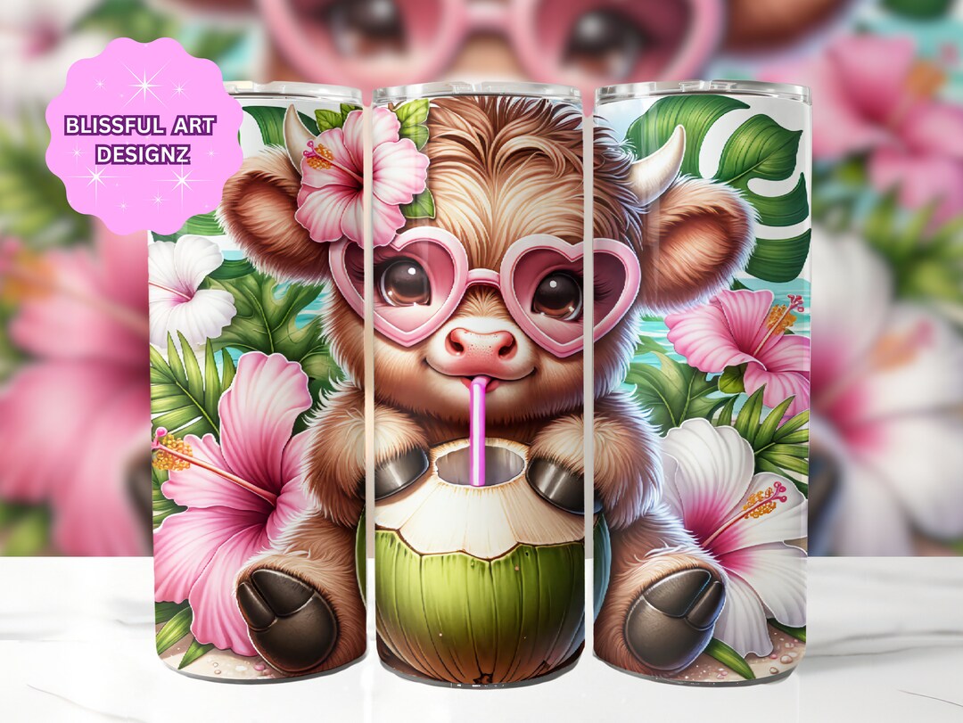 Summer Highland Cow Coconut 20 Oz Skinny Tumbler Sublimation Design ...