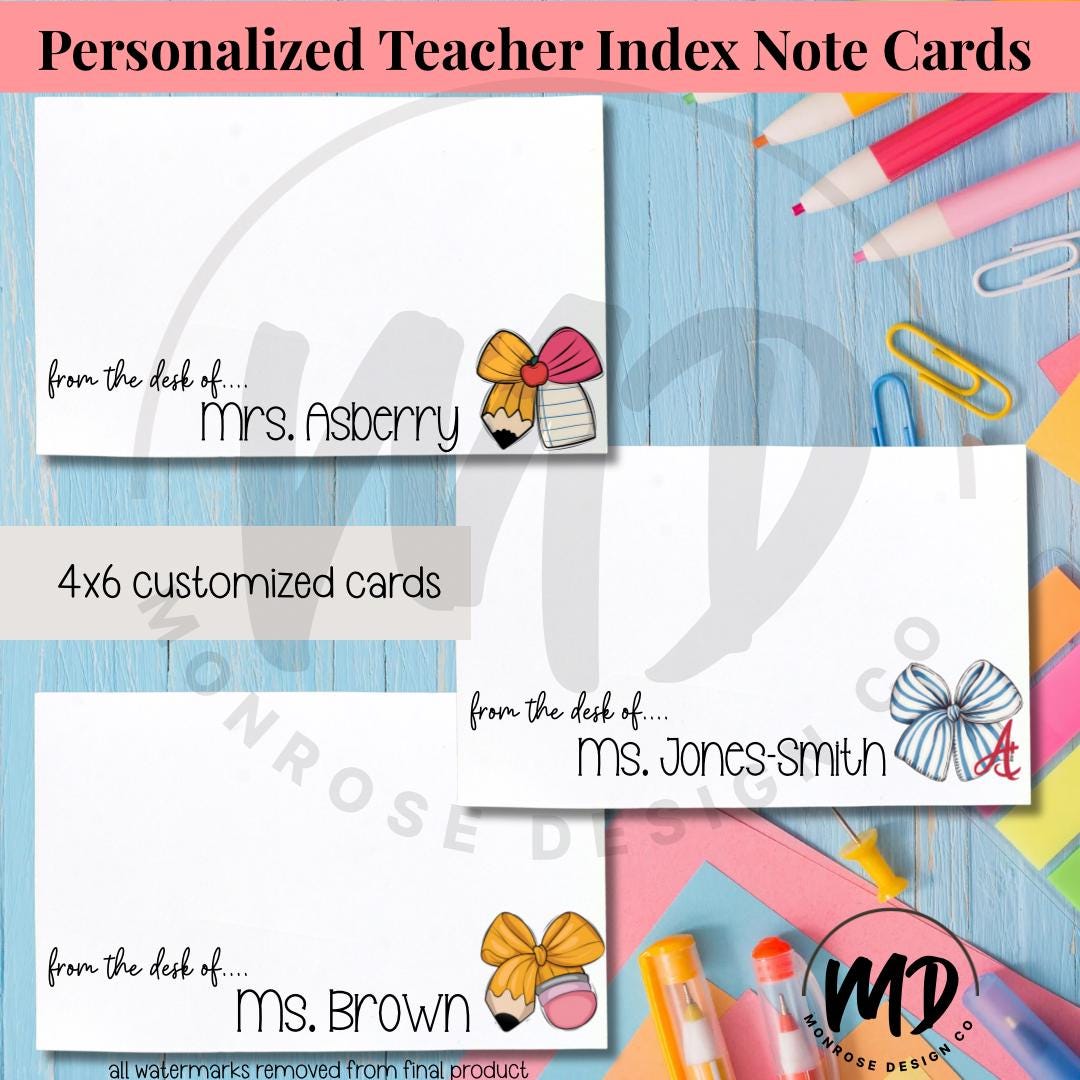 Personalized Teacher Note Cards – Printed on Lined Index Cards (set of ...