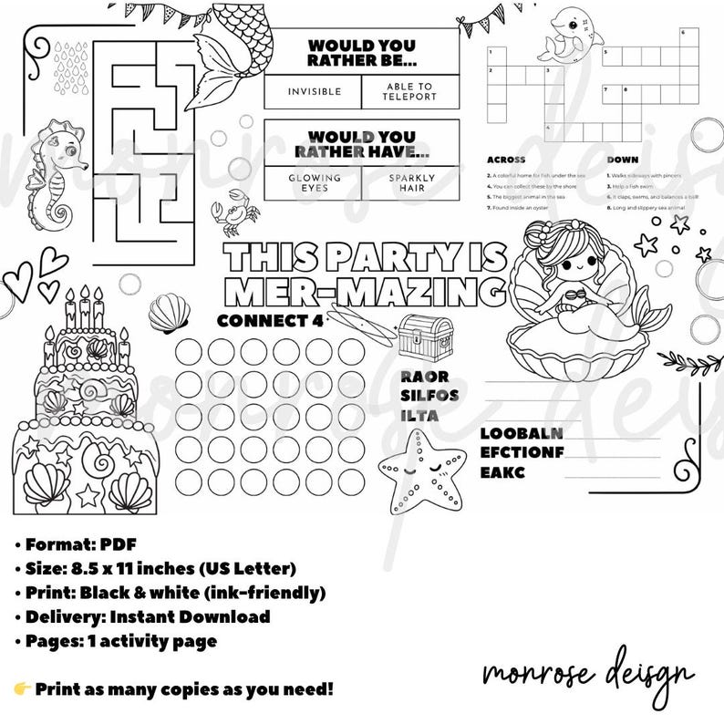 Mermaid Birthday Activity Page | Printable Party Games (PDF) - Etsy