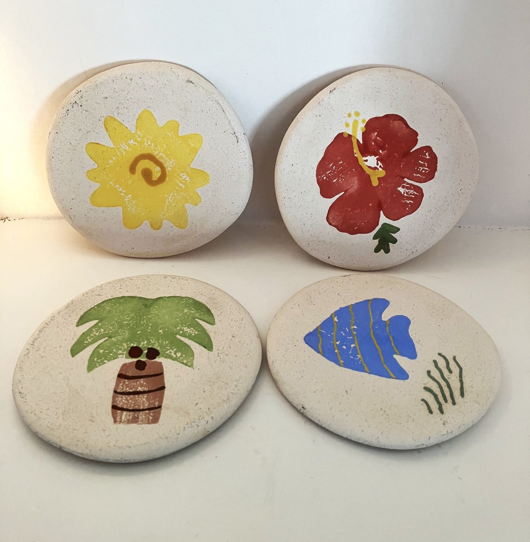 Ridvan Studio Set of 4 Hand Painted Coasters Trivets Clay W Felt Feet St Thomas Virgin Islands ...