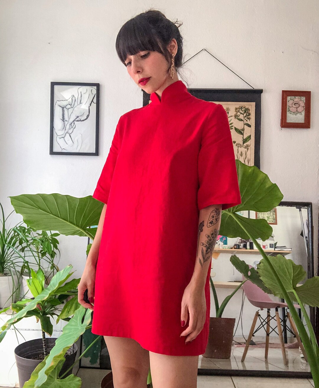 Linen Summer Dress, Chinese Qipao Handmade, Fresh Dress, Romantic Red ...