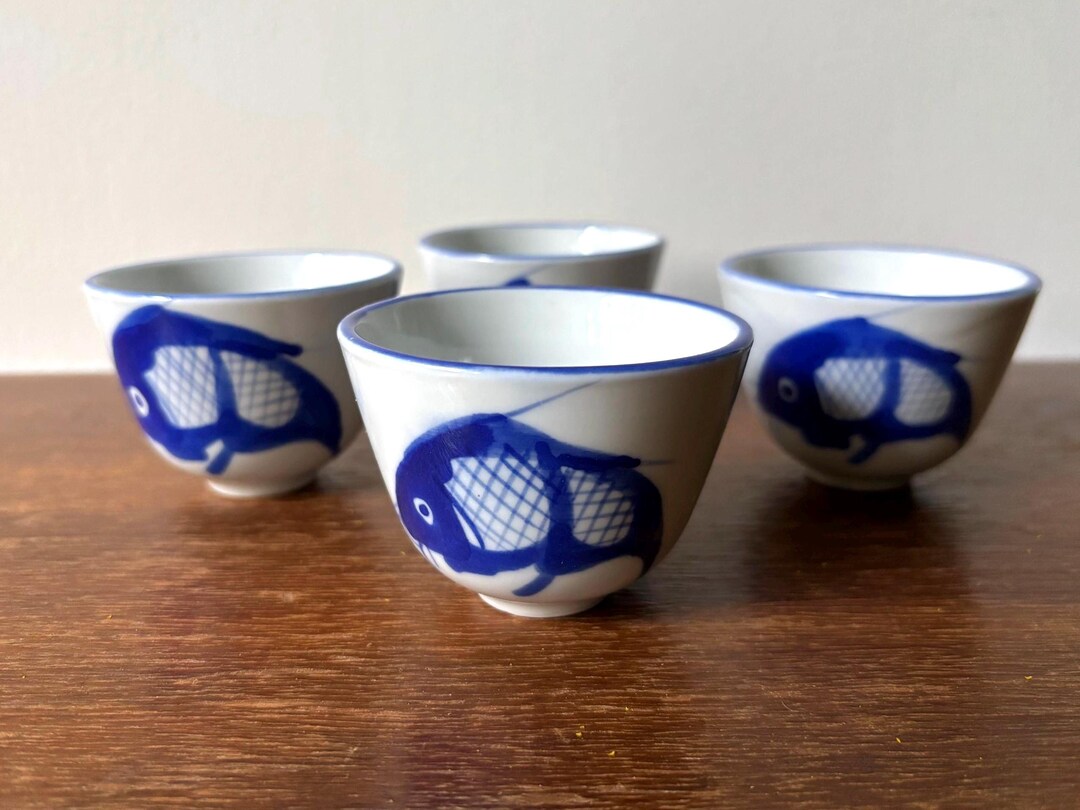 Vintage Chinese Porcelain Blue Koi Fish Tea Cups | Hand Painted Asian ...