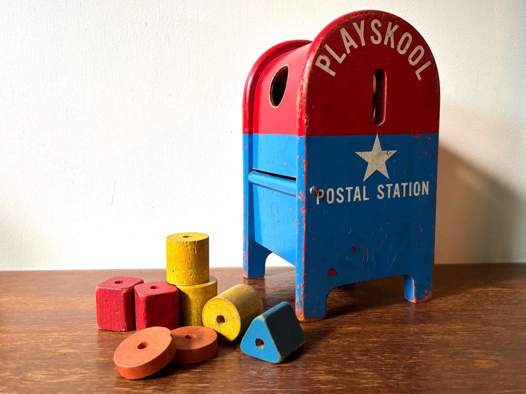 Vintage Playskool Wood Toy Mailbox Postal Station With Painted Blocks ...