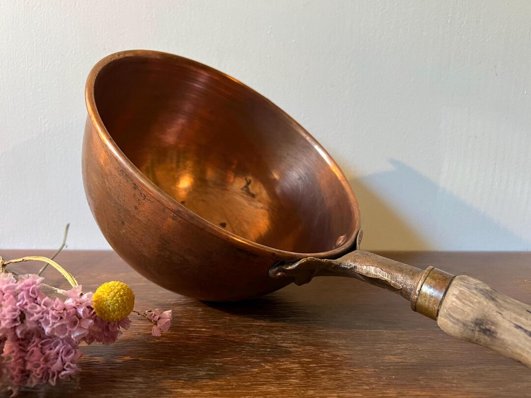Vintage Large Copper Round Bottom Bowl | Rustic Metal Pot Aged Wood ...