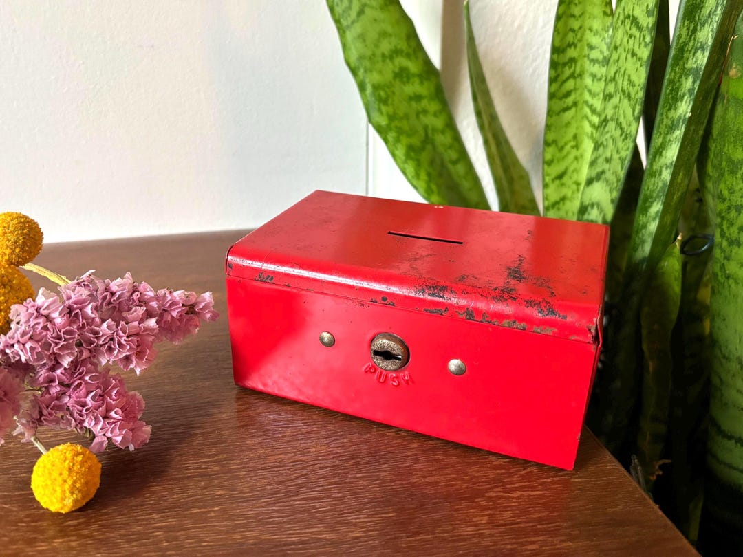 Vintage Red Coin Bank Metal Tool Box Rustic Farmhouse Home Decor Retro ...
