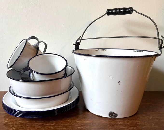 Vintage Enamelware Camping Bucket Dining Set | White Enamel With Blue ...