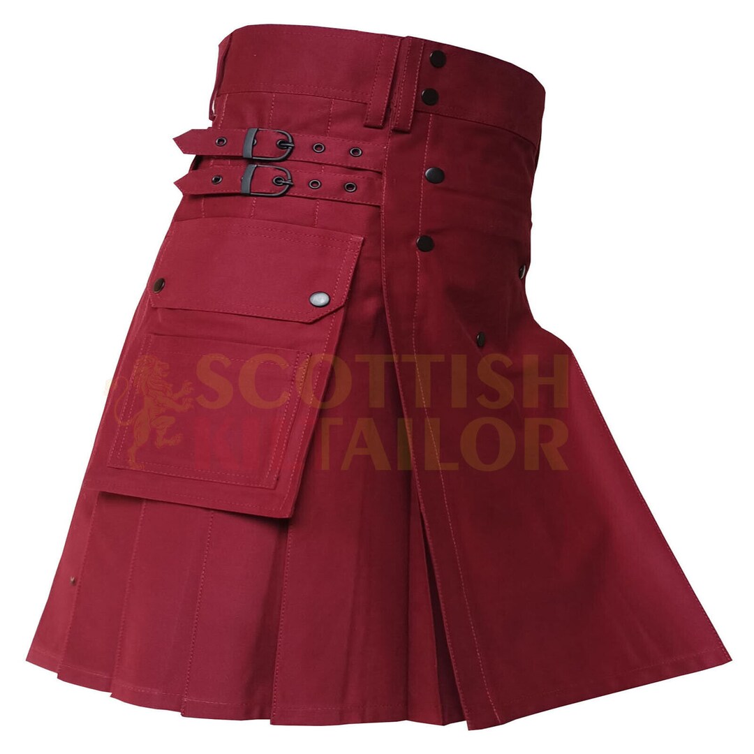 Scottish Kilts Maroon handmade Kilts Scottish Kilts for Men-hybrid Kilts Utility Kilts Kilts for ...
