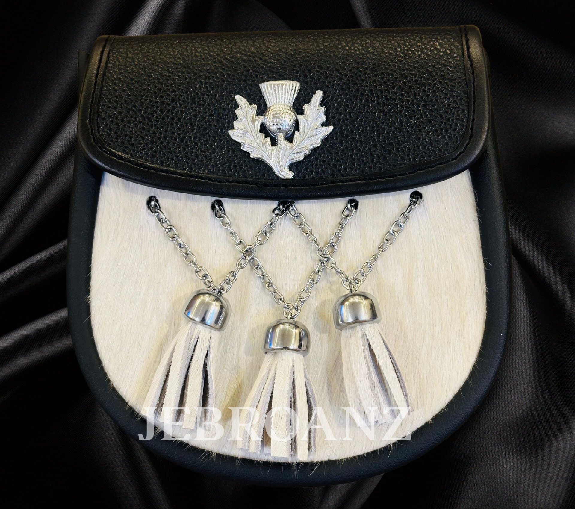 New Scottish Leather Kilt Sporran White Rabbit Fur With 3 Tassels kilt ...