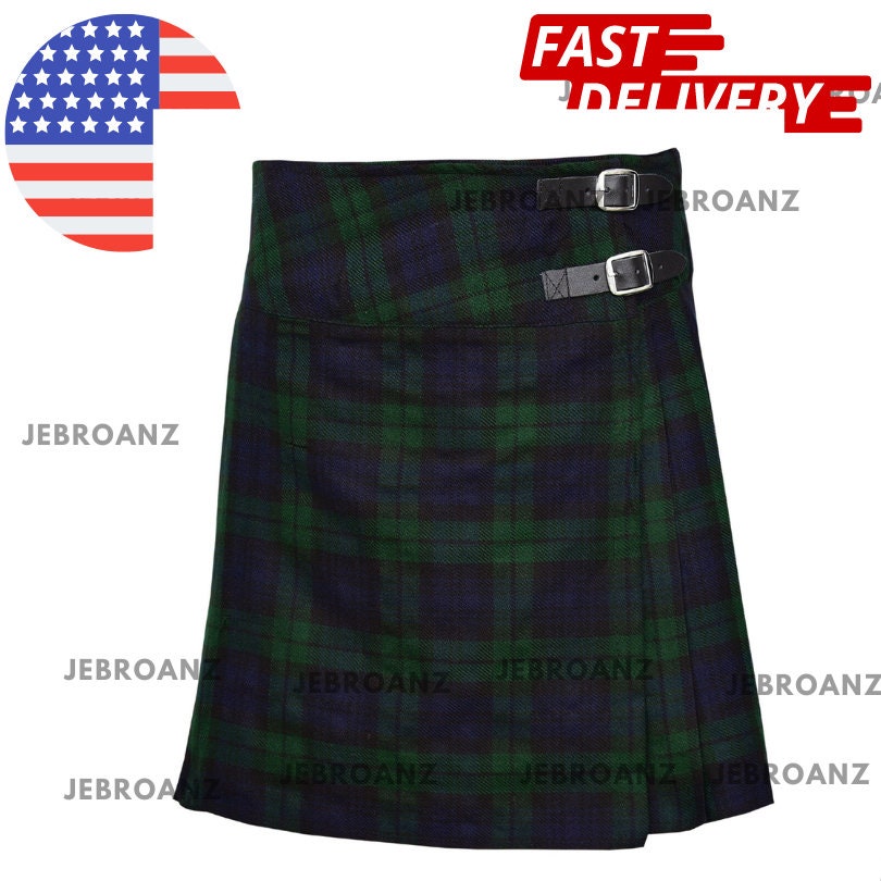 New Ladies Knee Length Kilt Skirt 20 Length Tartan Pleated Kilts Black ...
