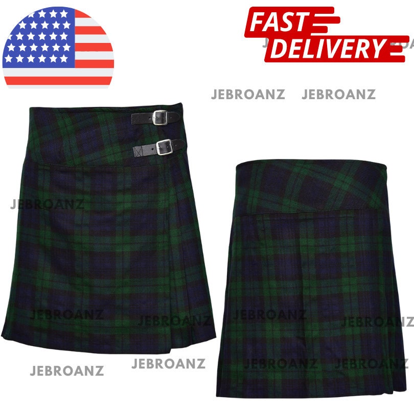 New Ladies Knee Length Kilt Skirt 20 Length Tartan Pleated Kilts Black ...