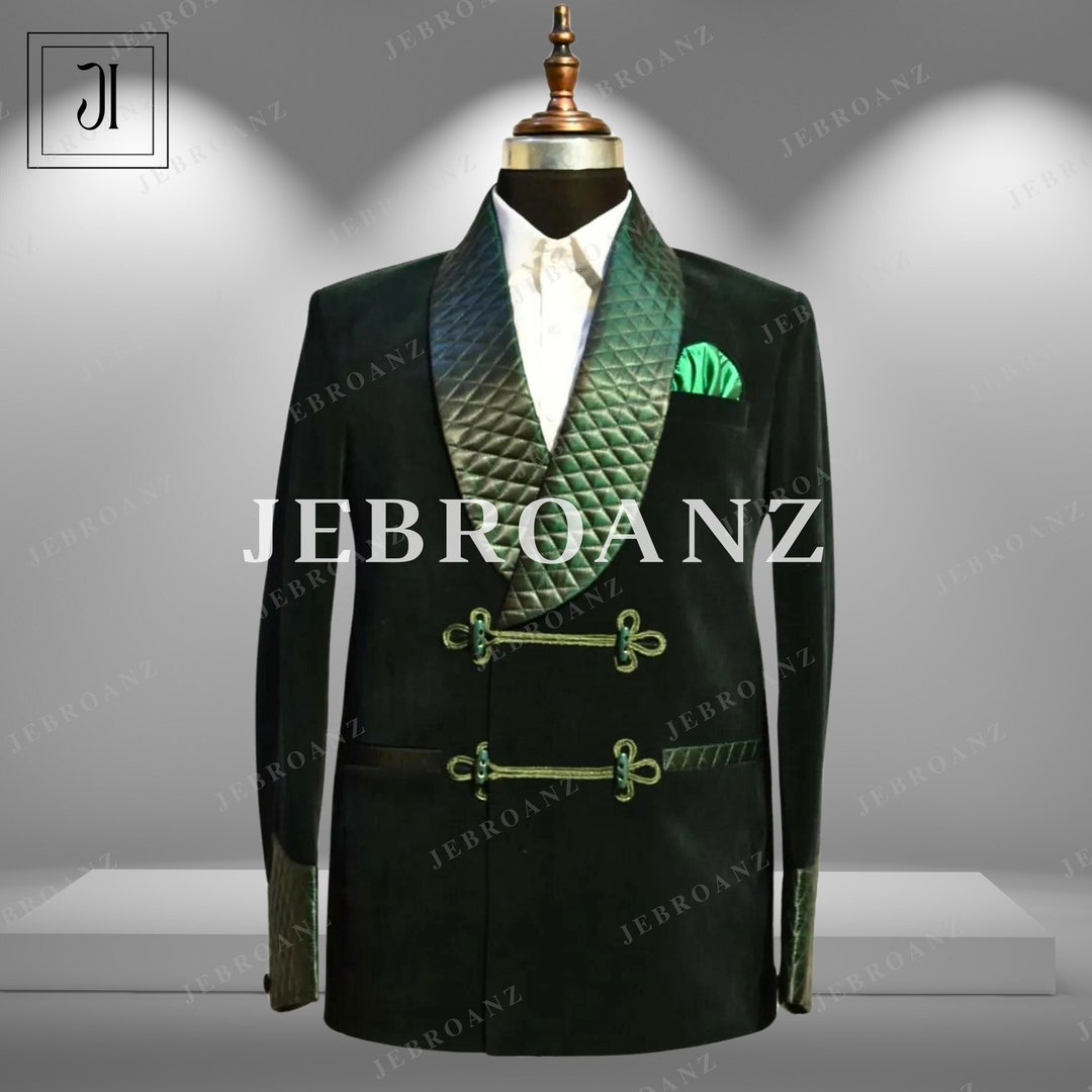 Men Elegant Green Smoking Jacket Velvet Frog Closure Double Breasted ...