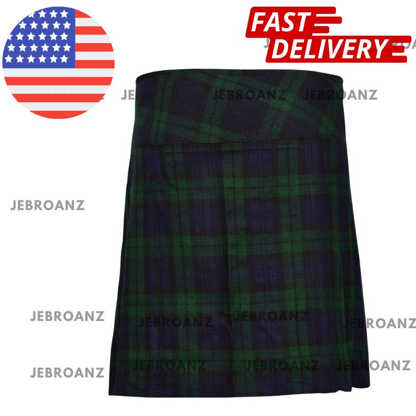 New Ladies Knee Length Kilt Skirt 20 Length Tartan Pleated Kilts Black ...