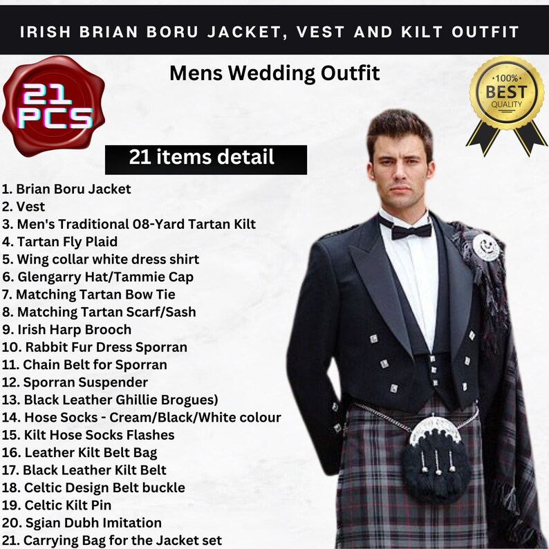 21 Pcs Irish Brian Boru Jacket Vest Flashes Tartan Kilt Sporran Socks KILT OUTFIT Ultimate Set ...