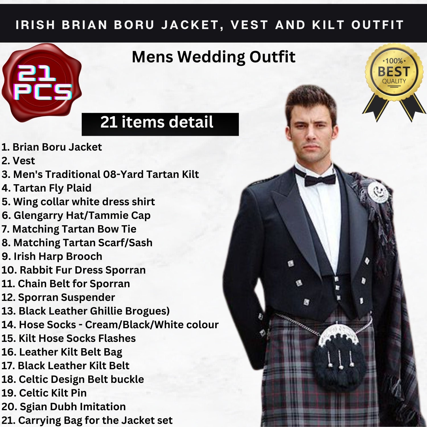 21 Pcs Irish Brian Boru Jacket Vest Flashes Tartan Kilt Sporran Socks ...