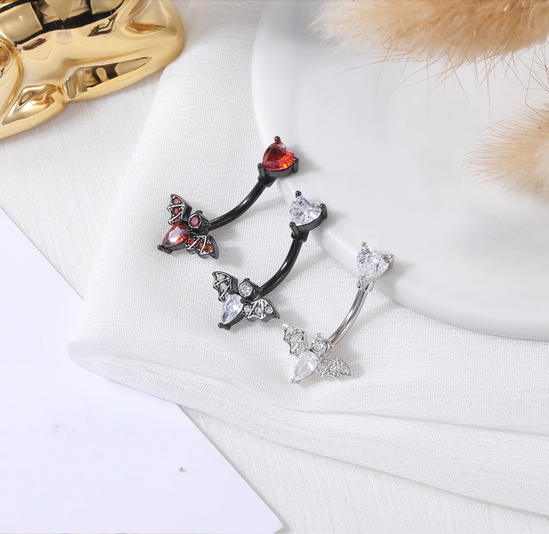 14G Bat Belly Button Ring Crystal Bat Navel Piercing Black - Etsy