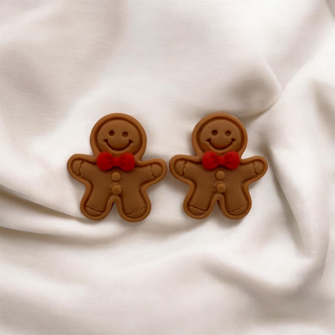 Gingerbread Man Stud Earrings With Red Bow Tie Cute Christmas Jewelry ...
