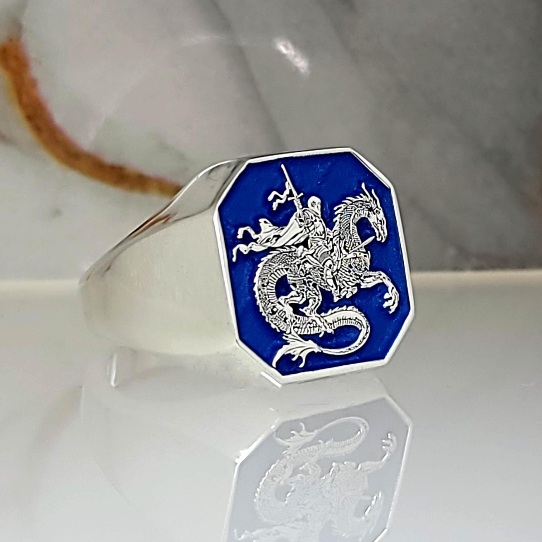 St George Dragon Slayer Signet Ring: Custom Sterling Silver, Gold Art ...
