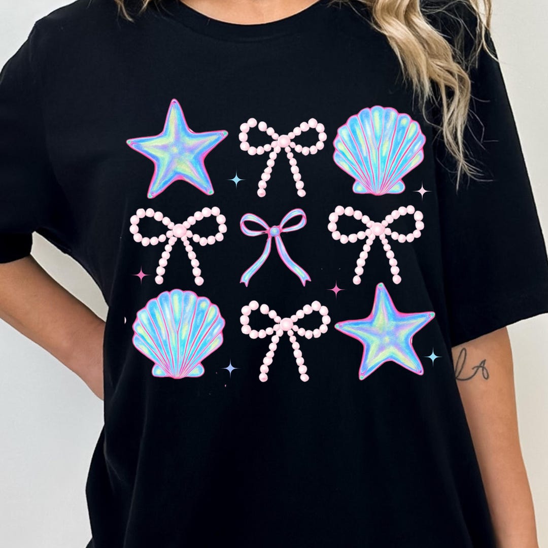 Holographic Shell and Pearl Bow PNG, Coquette Starfish and Shells ...