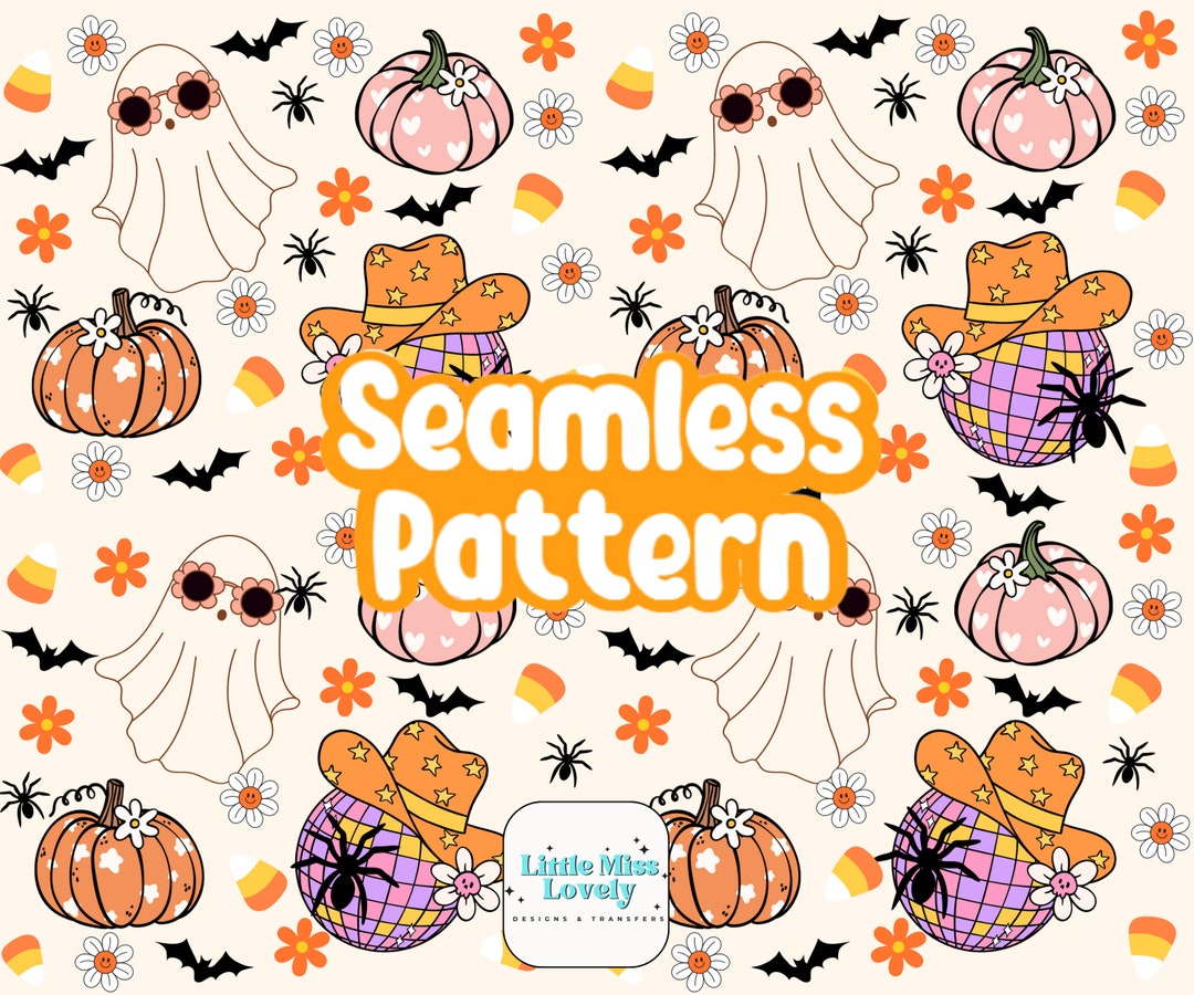Retro Cute Ghost Seamless Pattern, Cute Groovy Pumpkin, Floral Ghost ...