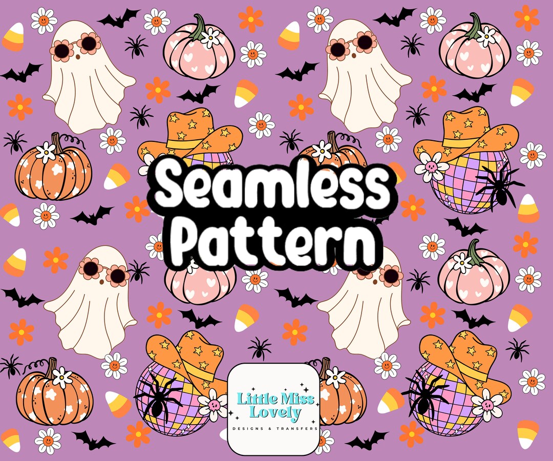 Retro Groovy Halloween Seamless Pattern: Ghost, Pumpkin (PNG Digital ...