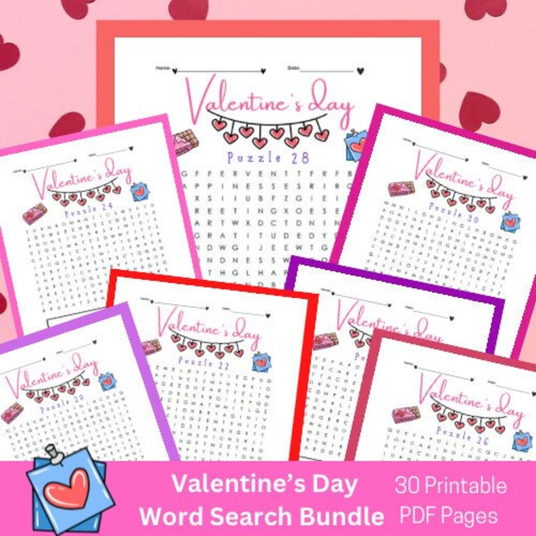 Valentine’s Day Word Search Printable Bundle - 30 Pages of Valentines ...