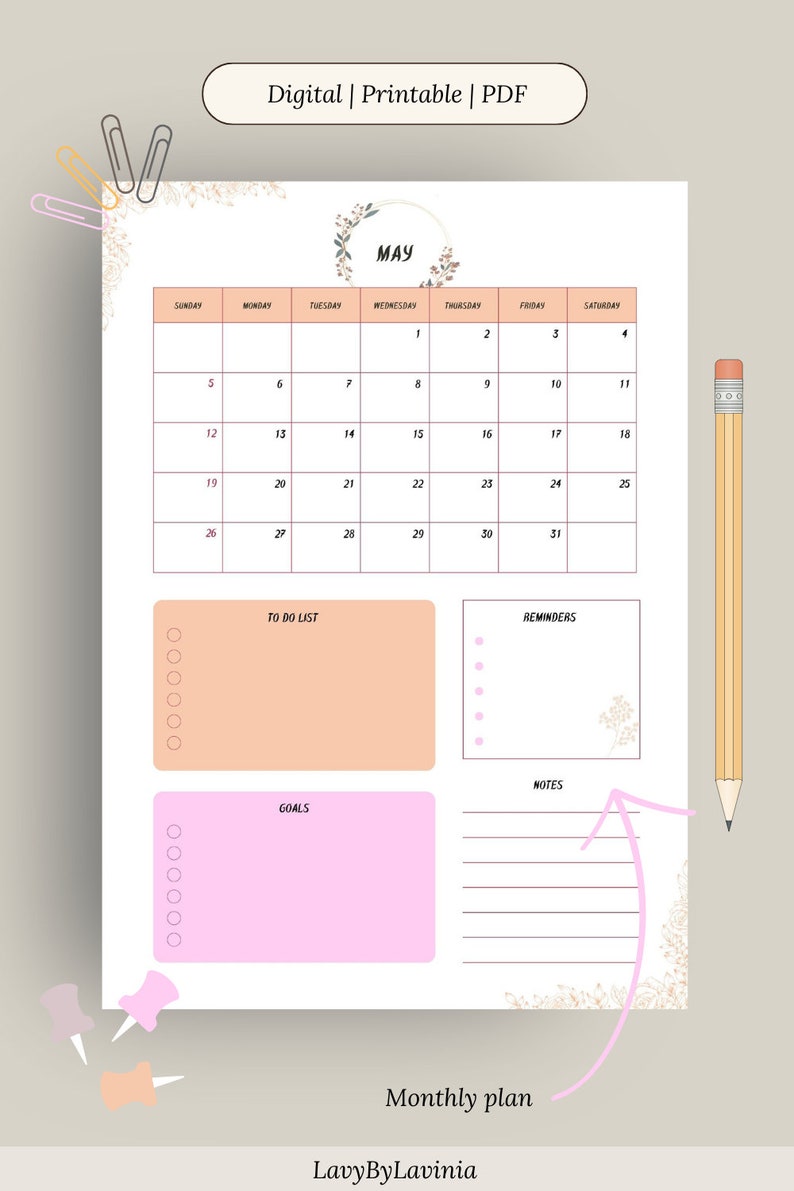 Monthly Planner Printable Digital Monthly Agenda and Organizer PDF ...