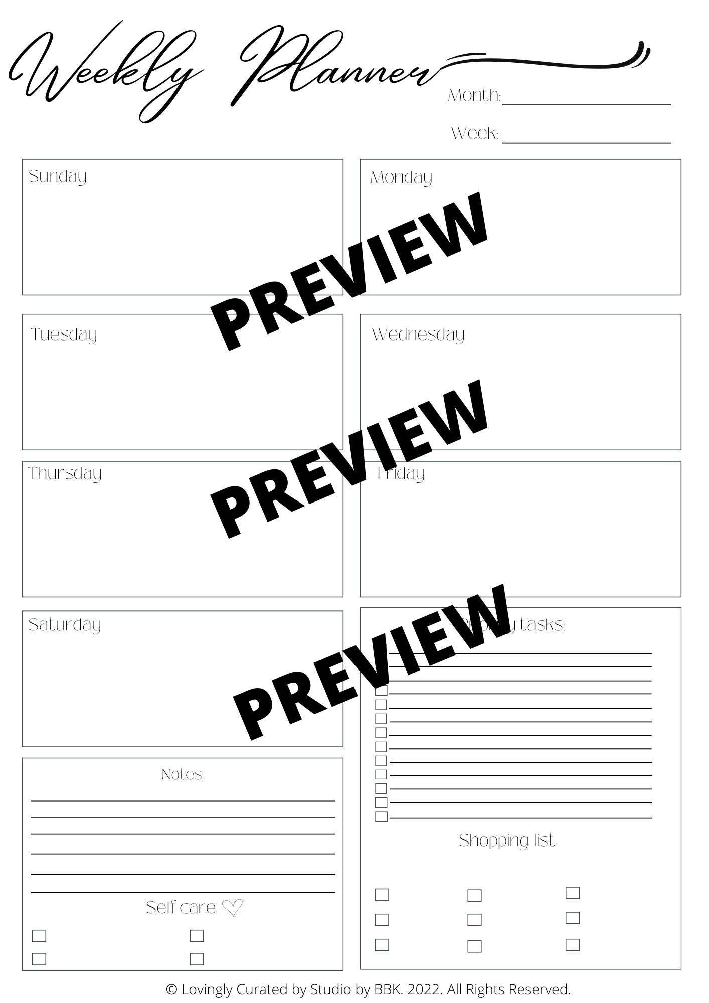 Weekly Planner Printable - Plain Background - Etsy