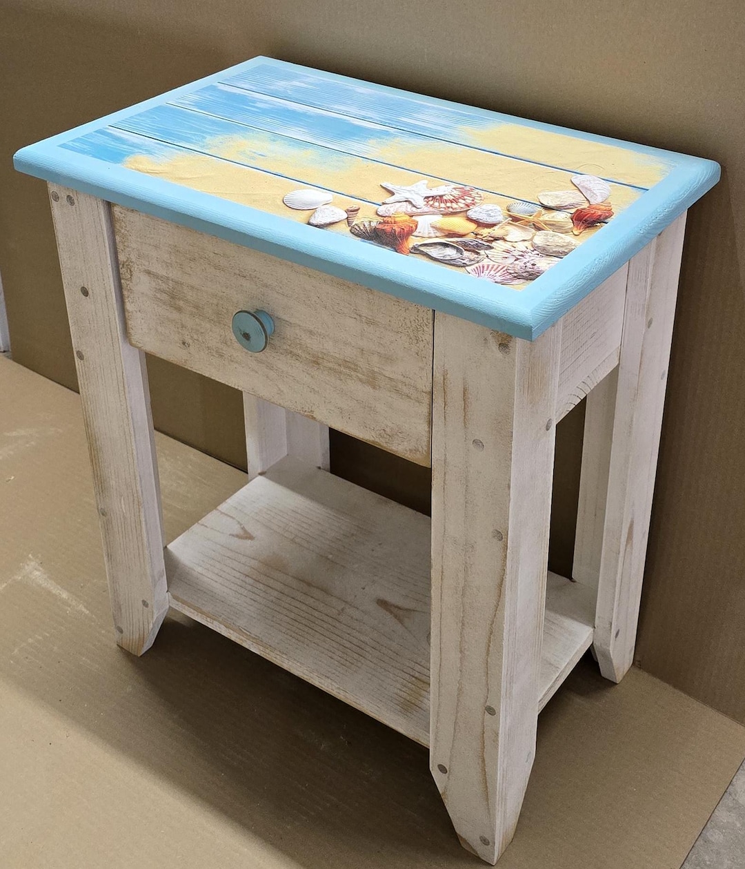Solid Wood Coastal End Table With Drawer, Beach Table, Beach Scene ...