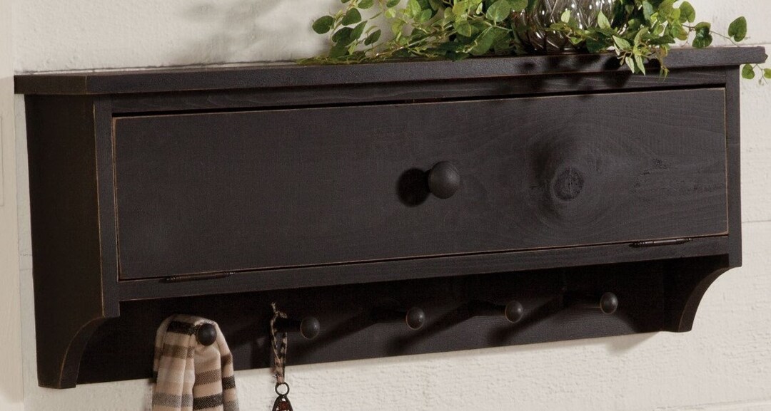 32" Mitten Box Shelf, Wood Wall Shelf With Pegs and Storage, Farmhouse ...