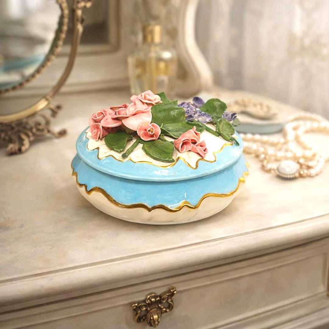 Vintage Capodimonte Style Jewelry Box | Hand Painted Floral Trinket Box ...