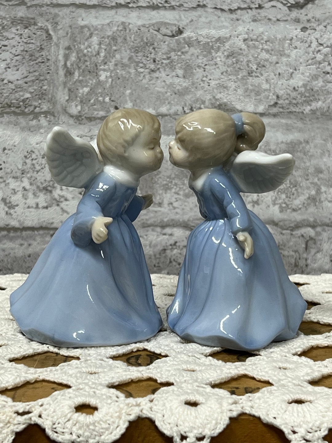 Kissing Boy & Girl Angels Bell Figurines. Porcelain, Blue and White - Etsy