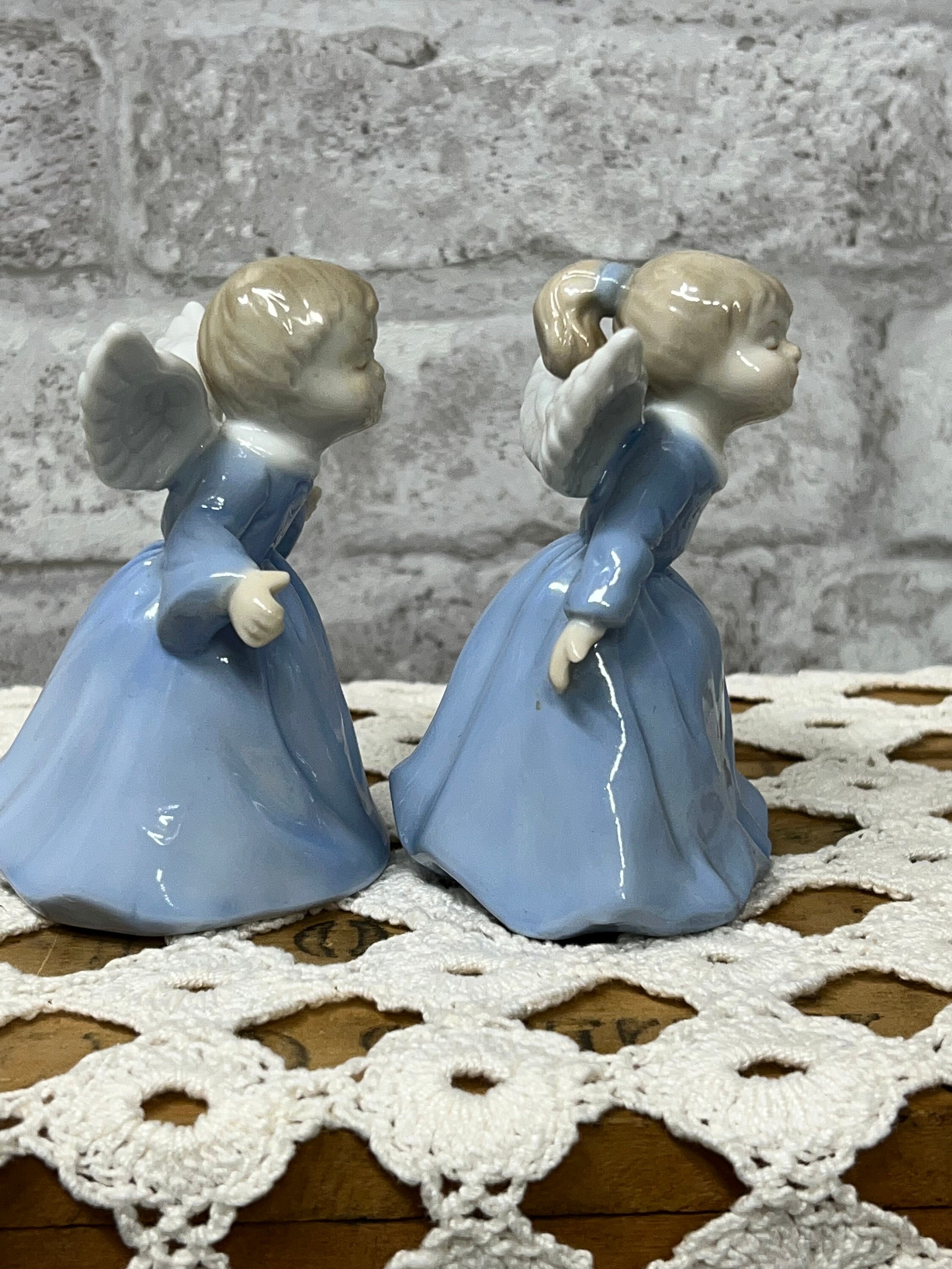 Kissing Boy & Girl Angels Bell Figurines. Porcelain, Blue and White - Etsy