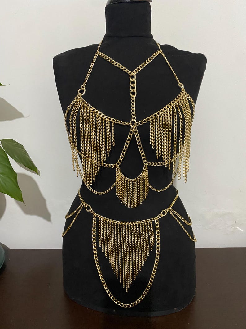 Gold Fringe Body Chain Set – Rave Festival Chain Bra and Skirt ...