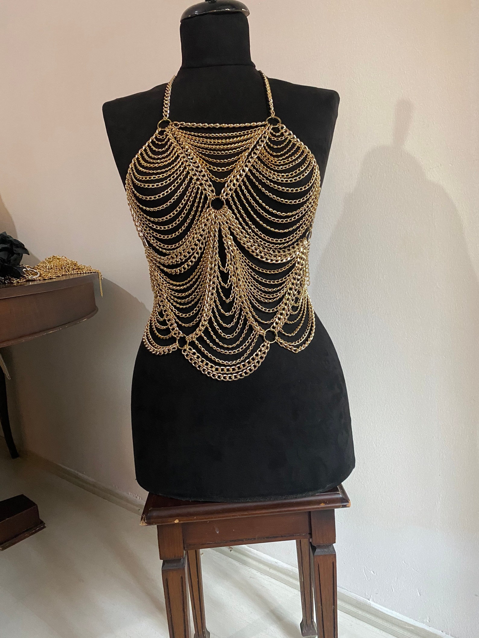 Gold Festival Multi Layered Body Chain Bralette, Rave Chain Top, Boho ...