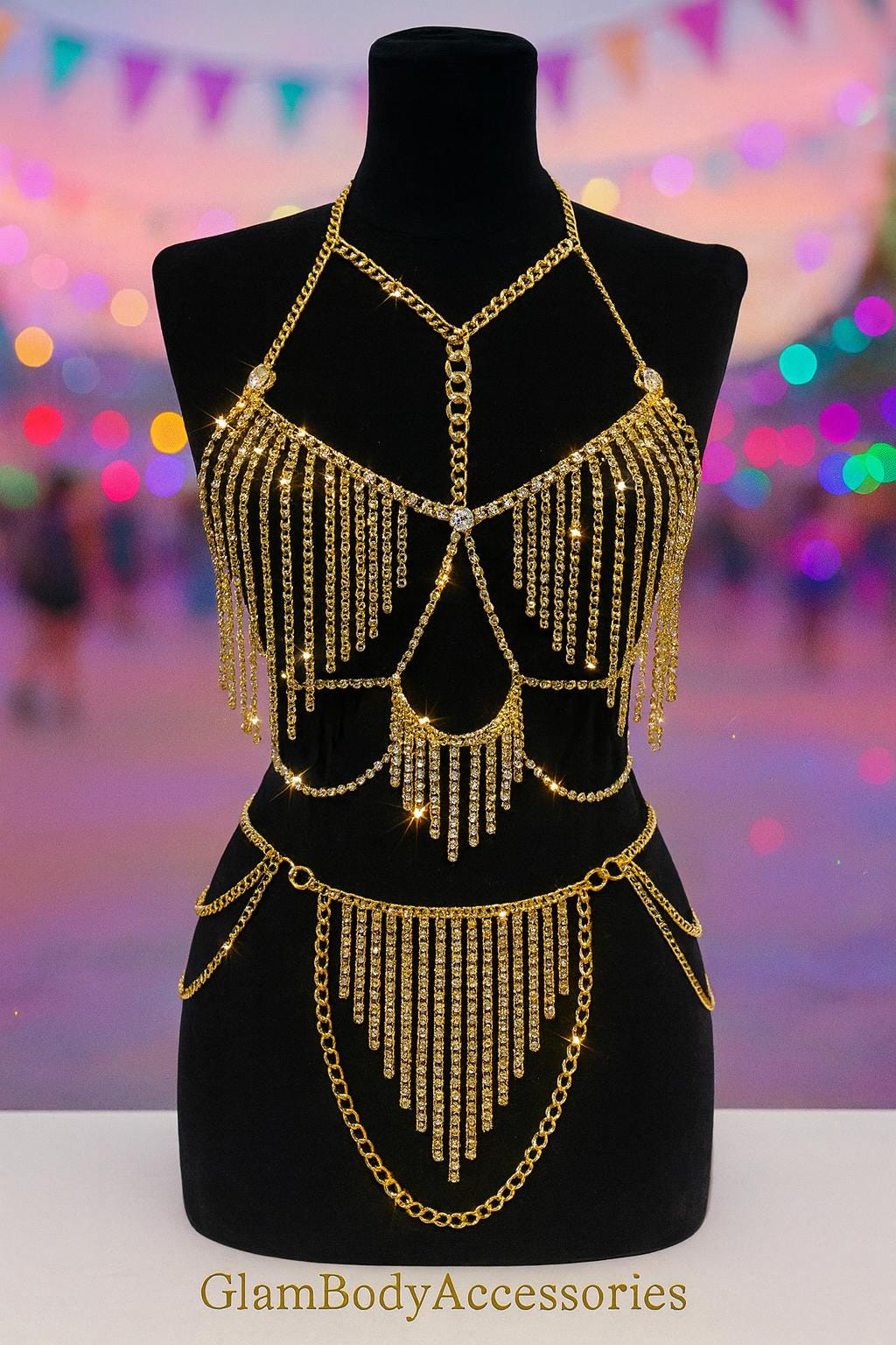 Gold Fringe Body Chain Set – Rave Festival Chain Bra and Skirt ...