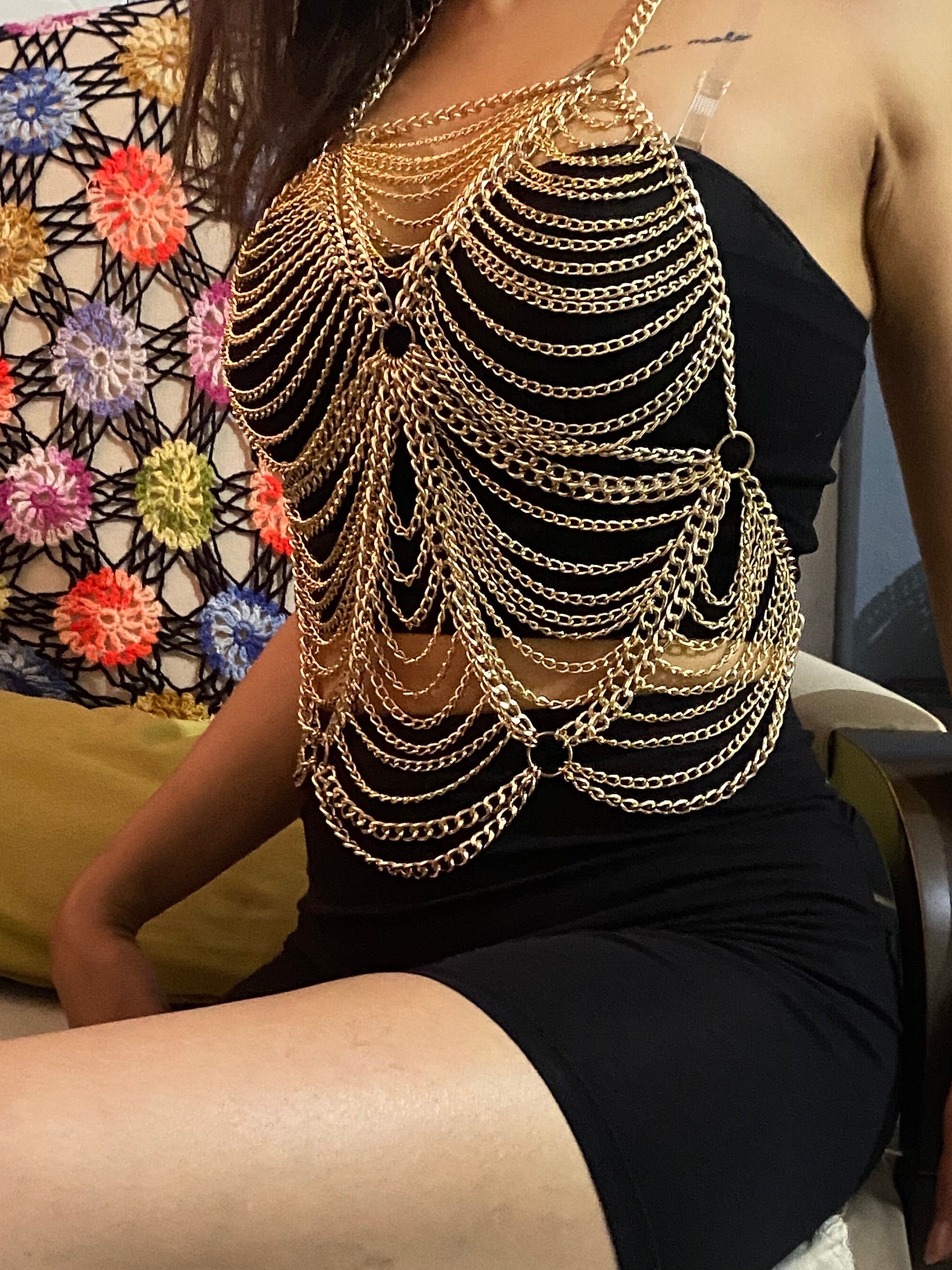 Gold Festival Multi Layered Body Chain Bralette, Rave Chain Top, Boho ...