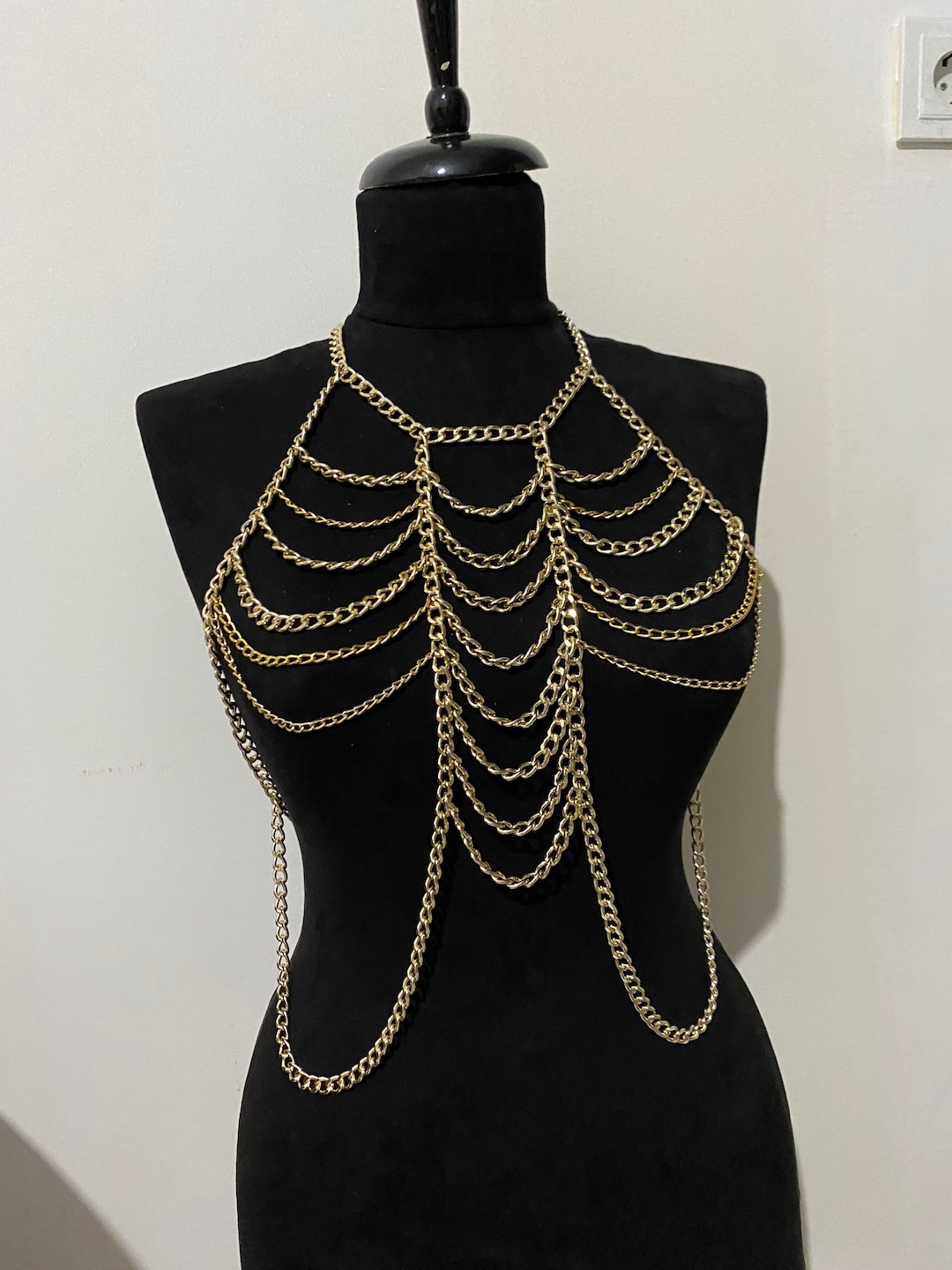 Gold Body Chain Harness, Layered Chest Chain Jewelry, Festival Rave Bra ...