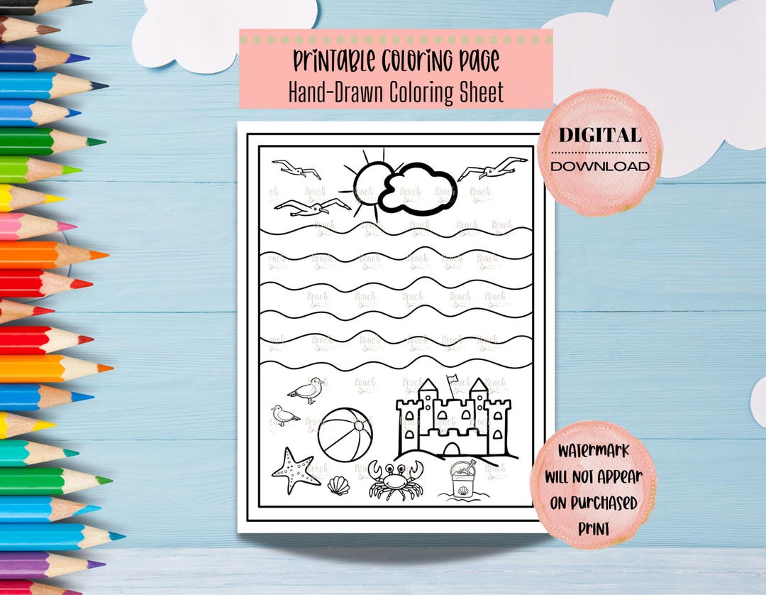 Hand-drawn Printable Day at the Beach Coloring Page. Sandcastle. Beachy ...