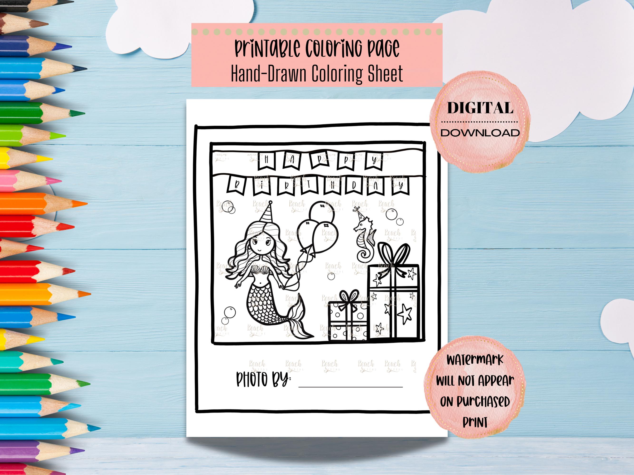 Mermaid Happy Birthday Printable Coloring Page. Mermaid Coloring Page ...