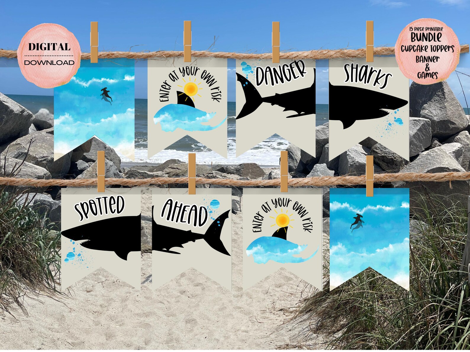 Shark Party Printable Bundle: Games, Banner, Cupcake Toppers (digital ...