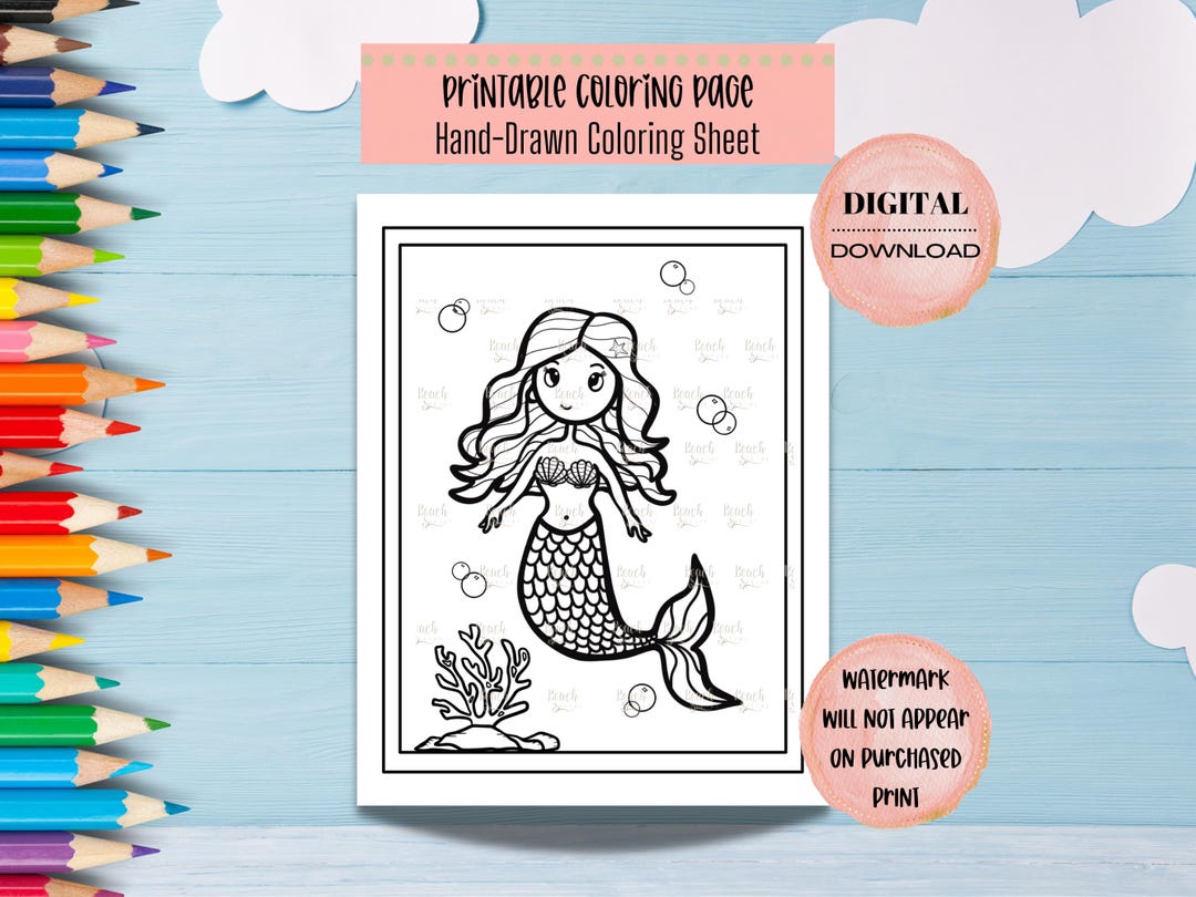 Hand-drawn Mermaid Printable Coloring Page. Mermaid Coloring Page ...